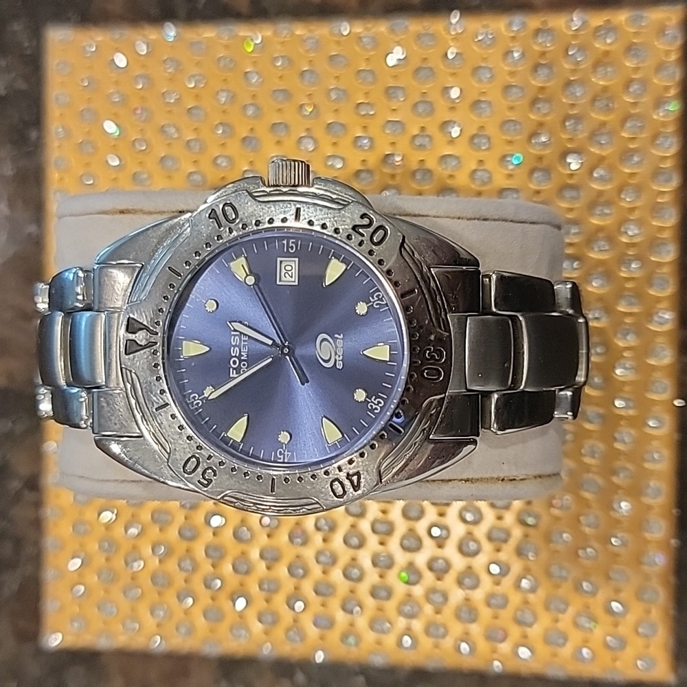 Men's Blue Fossil Solid Stainless Steel, 100 Meters/W… - Gem